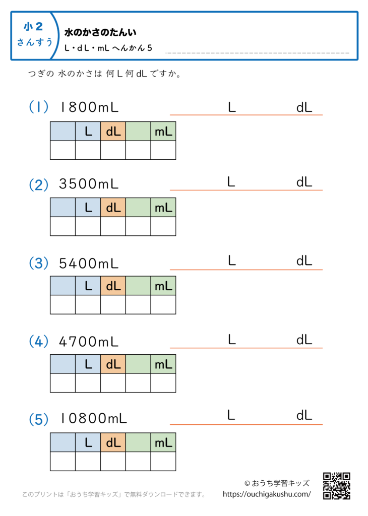 水のかさの単位（小学2年生）mL→LとdLに変換5｜算数プリント｜練習問題 | 無料プリント教材｜おうち学習キッズ