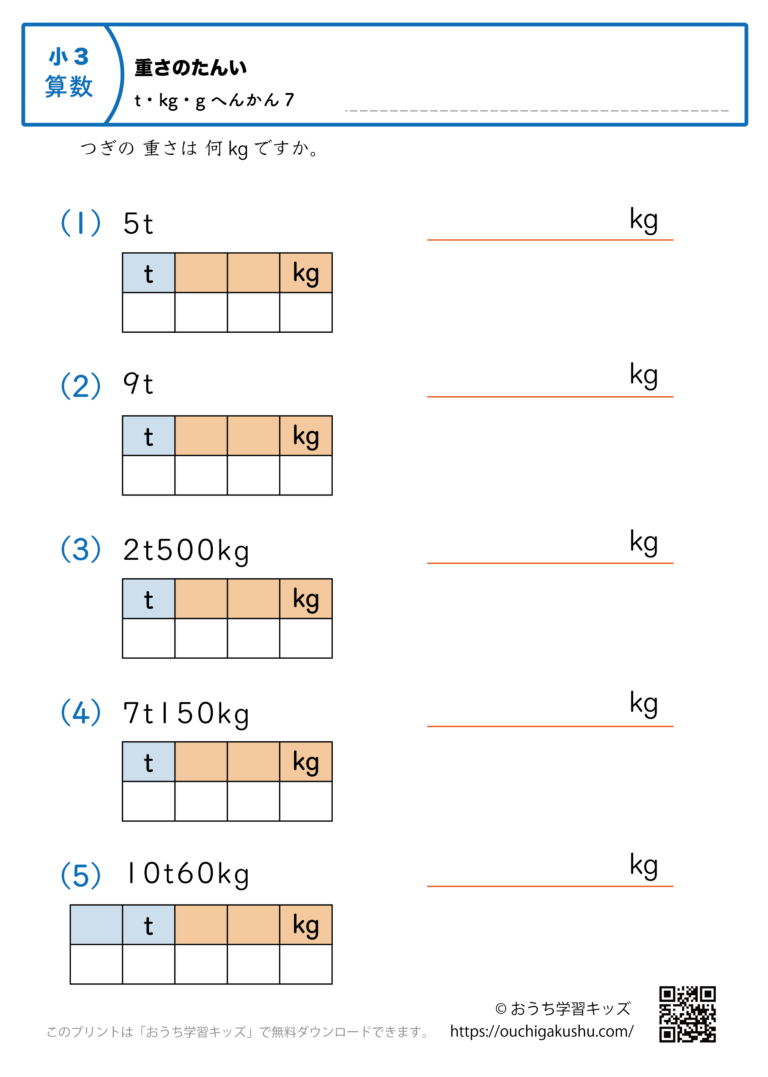 重さの単位（小学3年生）tとkg→kgに変換7｜算数プリント｜練習問題 | 無料プリント教材｜おうち学習キッズ