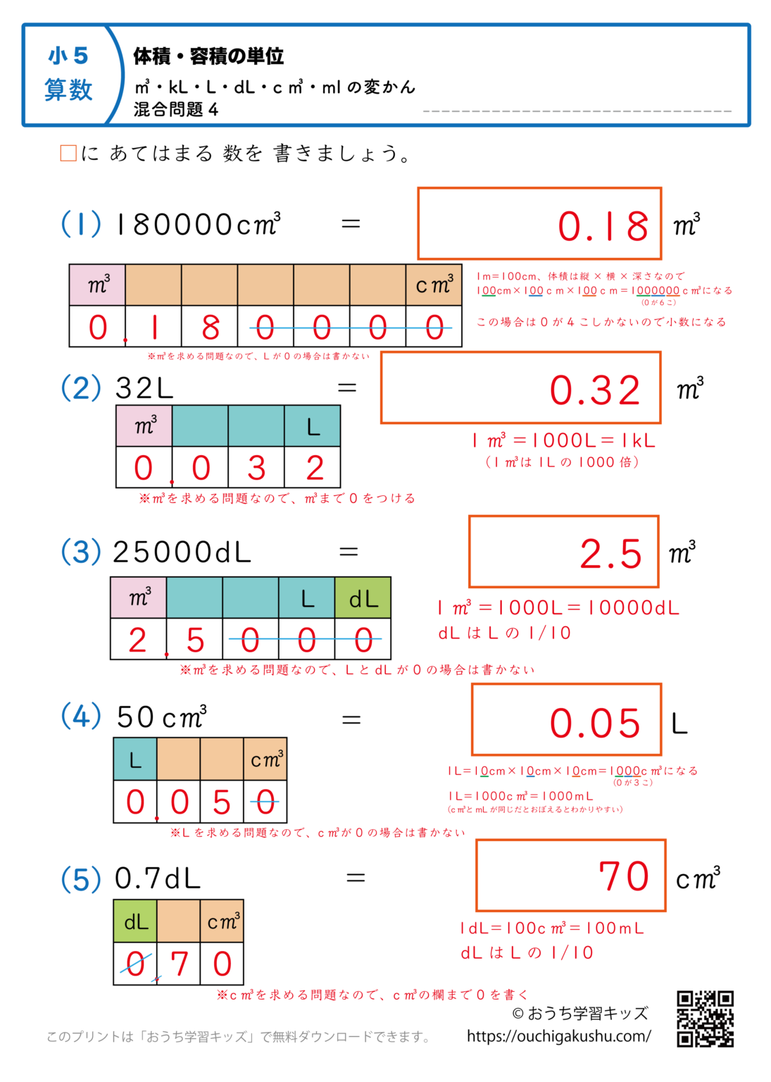 体積・容積の単位（小学5年生）㎥・kL・L・dL・c㎥・mlの変換・混合問題4｜算数プリント | 無料プリント教材｜おうち学習キッズ