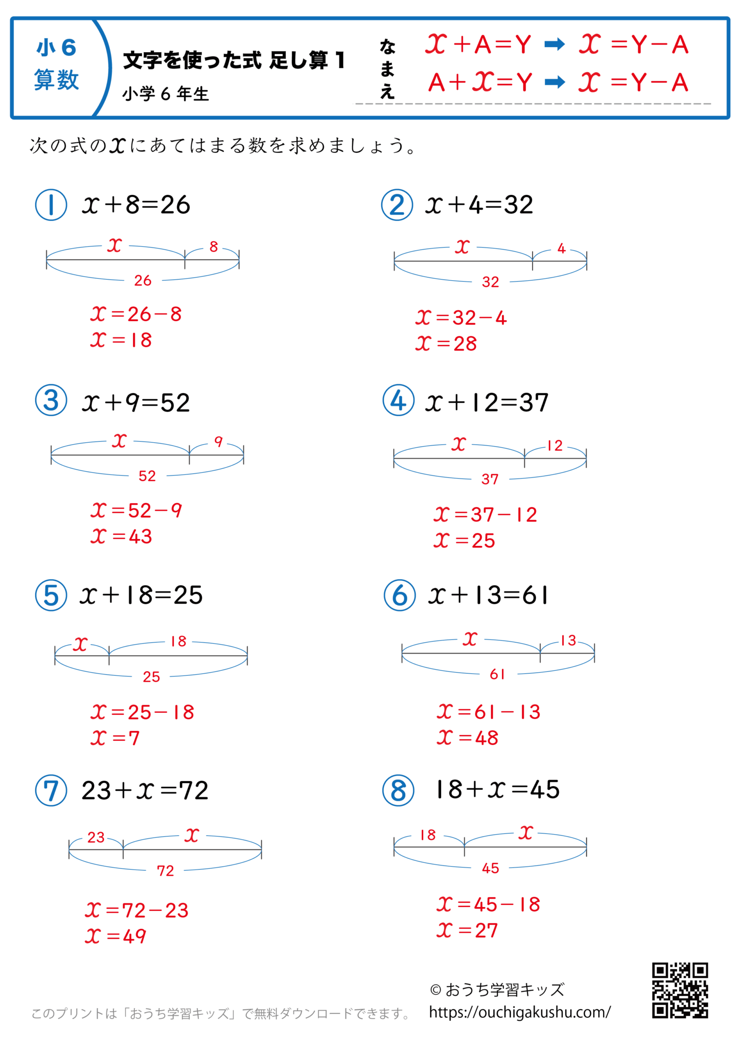 文字を使った式・足し算｜練習問題1｜小学6年生｜算数プリント | 無料プリント教材｜おうち学習キッズ